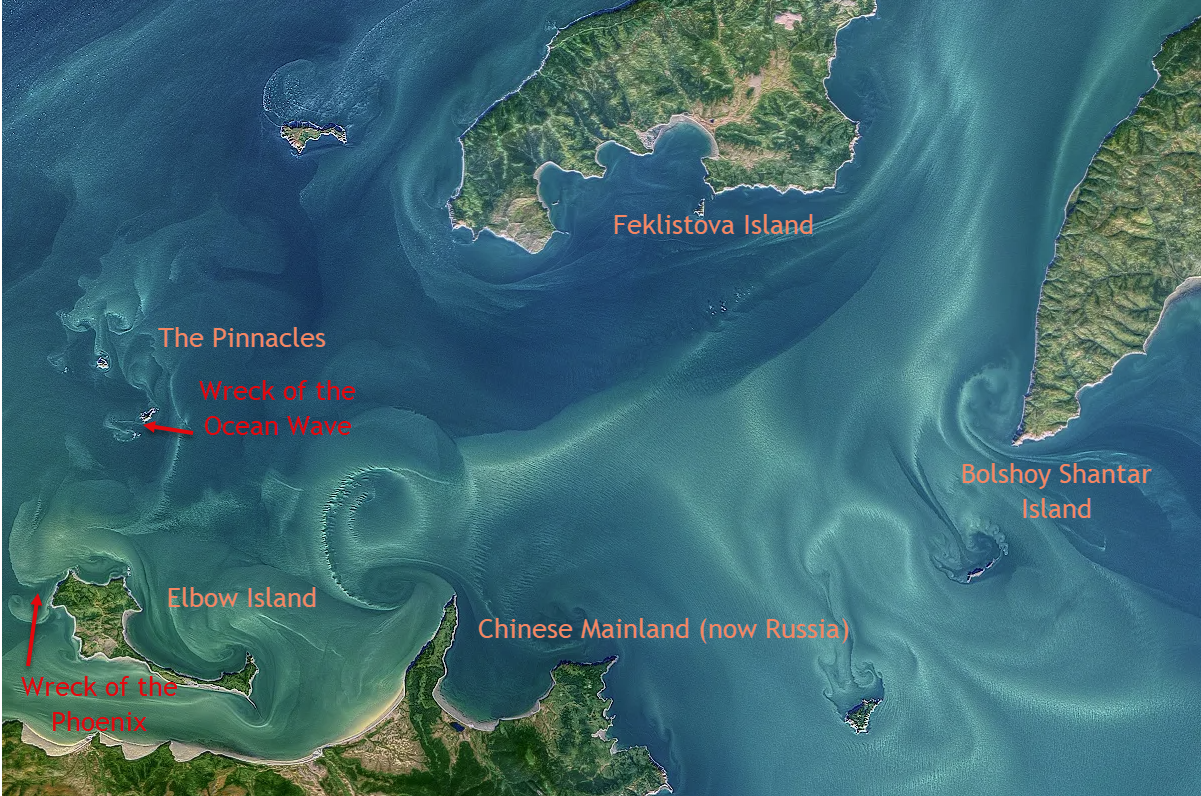 The Shantar Islands’ tidal vortices and location of the wrecks of the ...